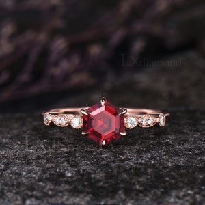 Vintage Hexagon Cut Ruby Engagement Ring Set Milgrain July Birthstone ...