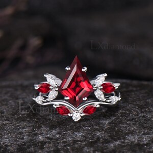 Kite Cut Ruby Engagement Ring Set Vintage Red Gemstone July Birthstone ...