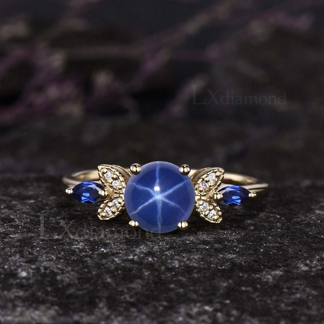 Round Blue Star Sapphire Engagement Ring 14k Yellow Gold Moissanite ...