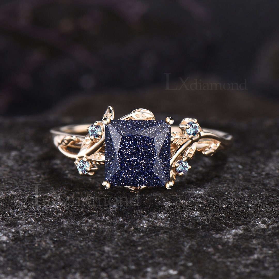 Princess Cut Blue Sandstone Engagement Ring Alexandrite Leaf Vine Twig ...