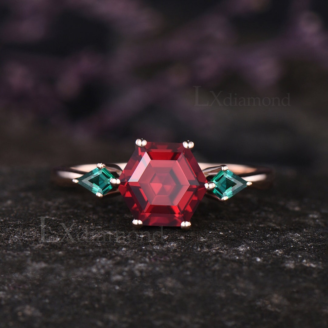 Unique Hexagon Cut Ruby Ring Vintage July Birthstone Red Gemstone Ruby ...