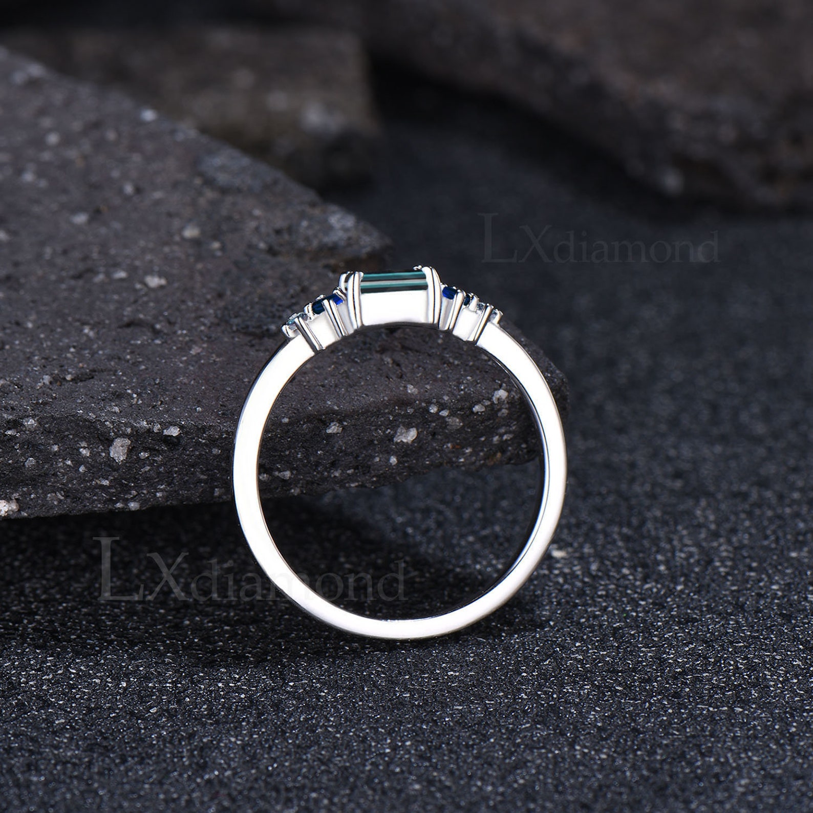 Delicate Baguette Cut Alexandrite Wedding Band Dainty Princess Blue ...