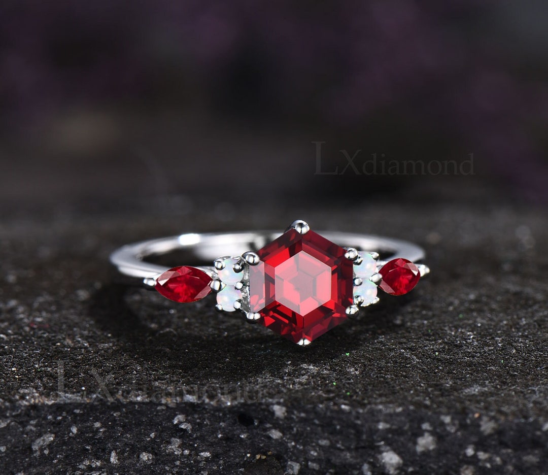 Vintage Hexagon Cut Ruby Engagement Ring July Birthstone Red Gemstone ...