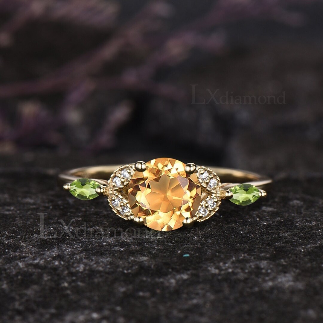 Vintage Round Cut November Birthstone Natural Citrine Engagement Ring ...