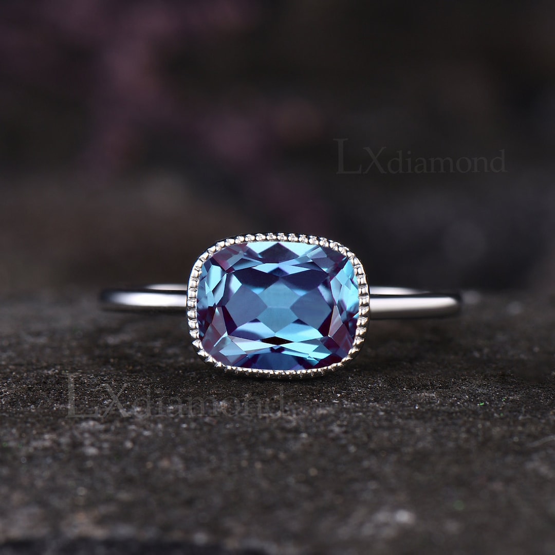 Milgrain 7x9mm Cushion Cut Alexandrite Solitaire Ring Vintage June ...