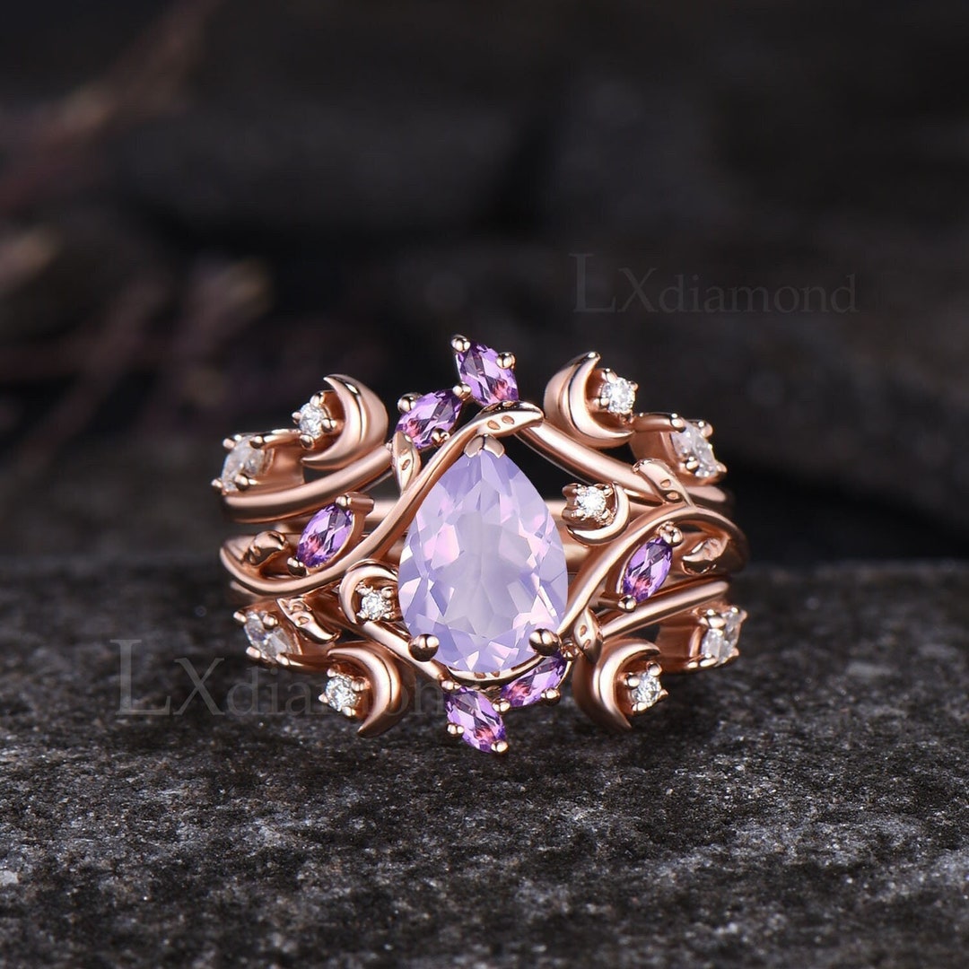 Leaf Nature Inspired Moon Ring Pear Natural Lavender Amethyst ...