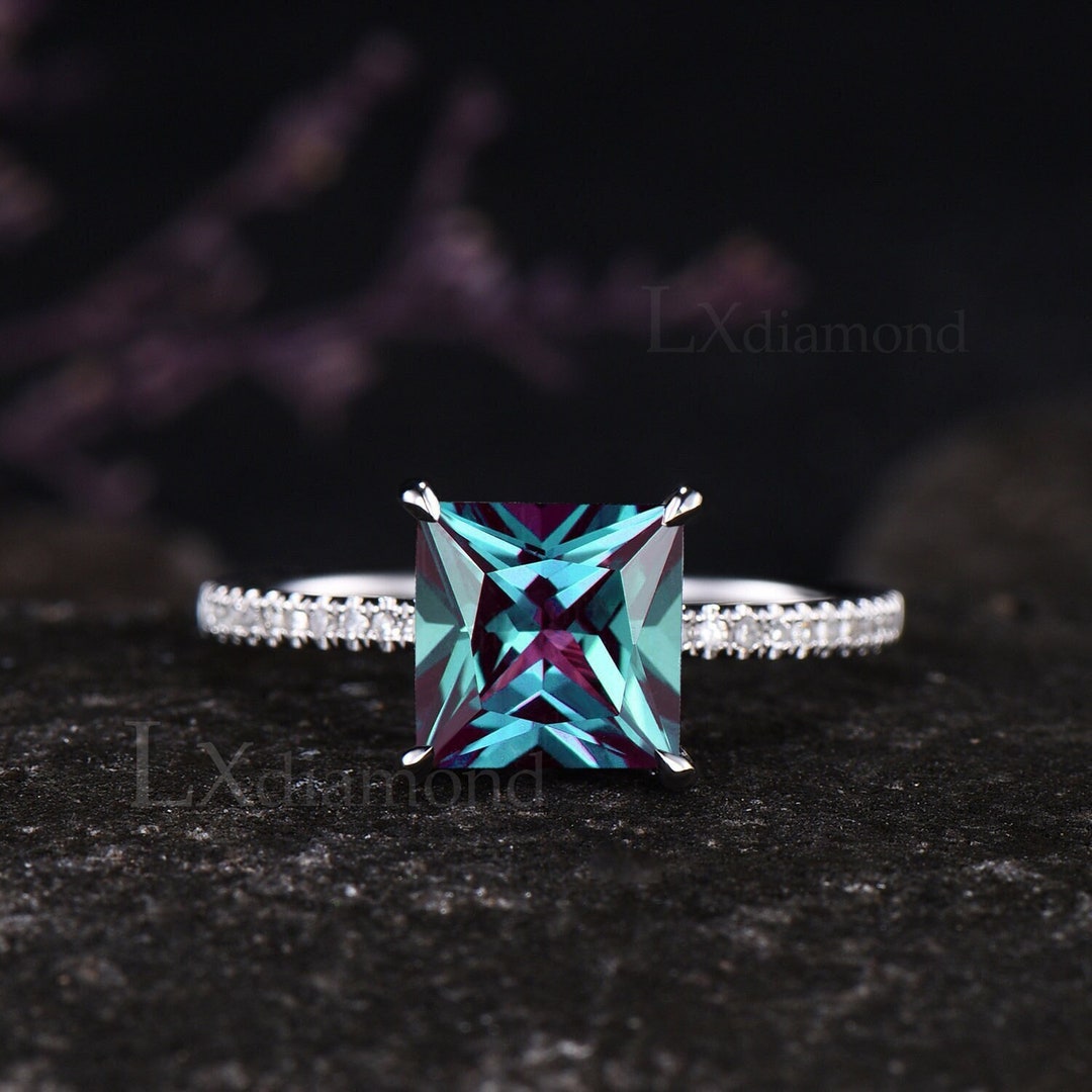 Princess Cut Alexandrite Engagement Ring Unique June Birthstone Round ...