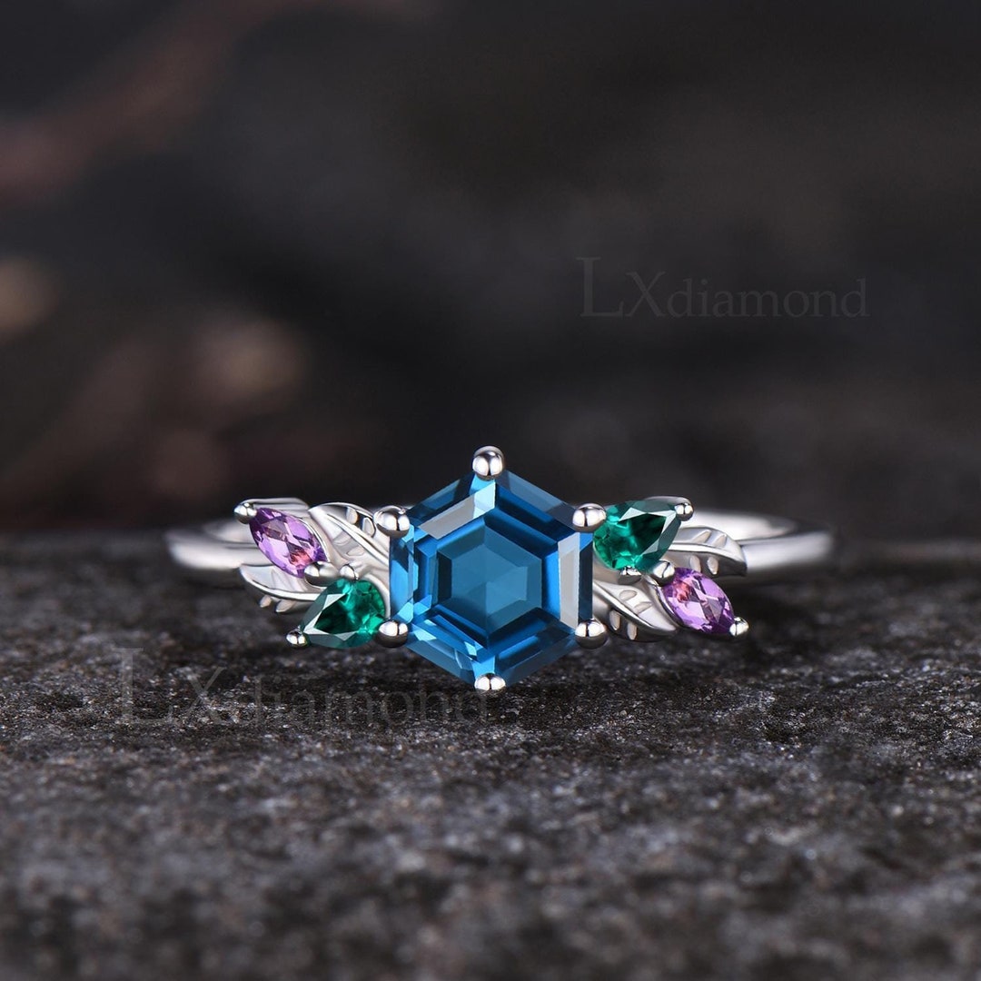 Unique Leaf Nature Inspired Ring Dainty Hexagon Cut Natural London Blue ...
