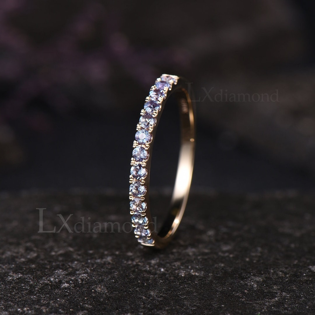 Unique Round Cut Alexandrite Wedding Band June Birthstone Color Change ...