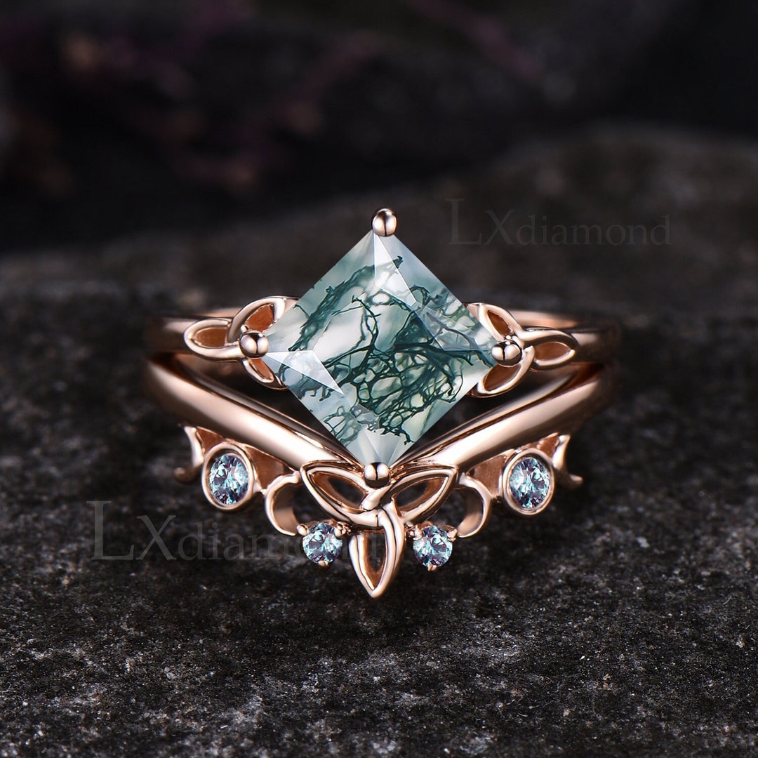 Unique Princess Cut Natural Moss Agate Engagement Ring Set June ...