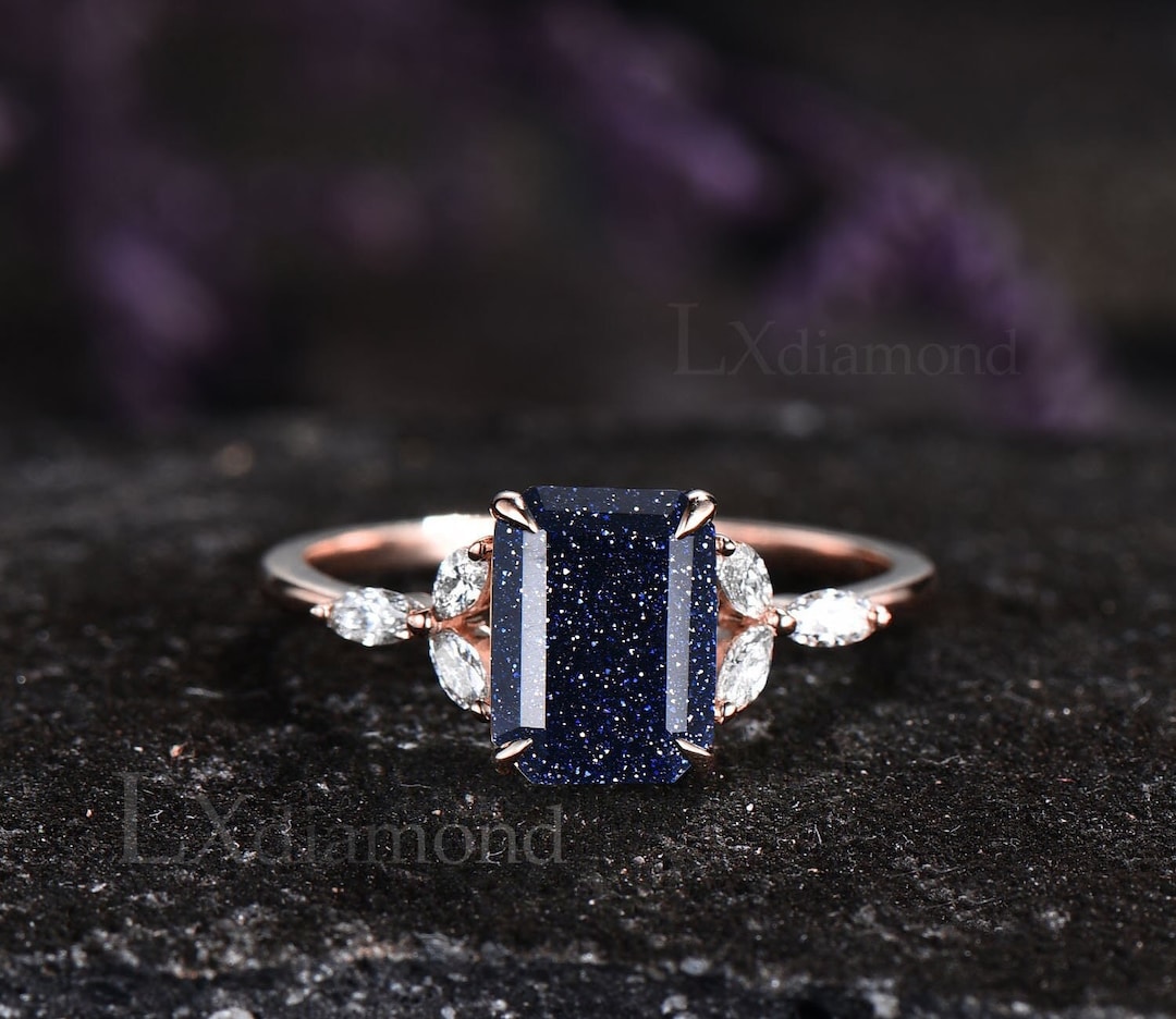 Emerald Cut Blue Sandstone Ring Gold Silver Blue Sandstone Engagement ...