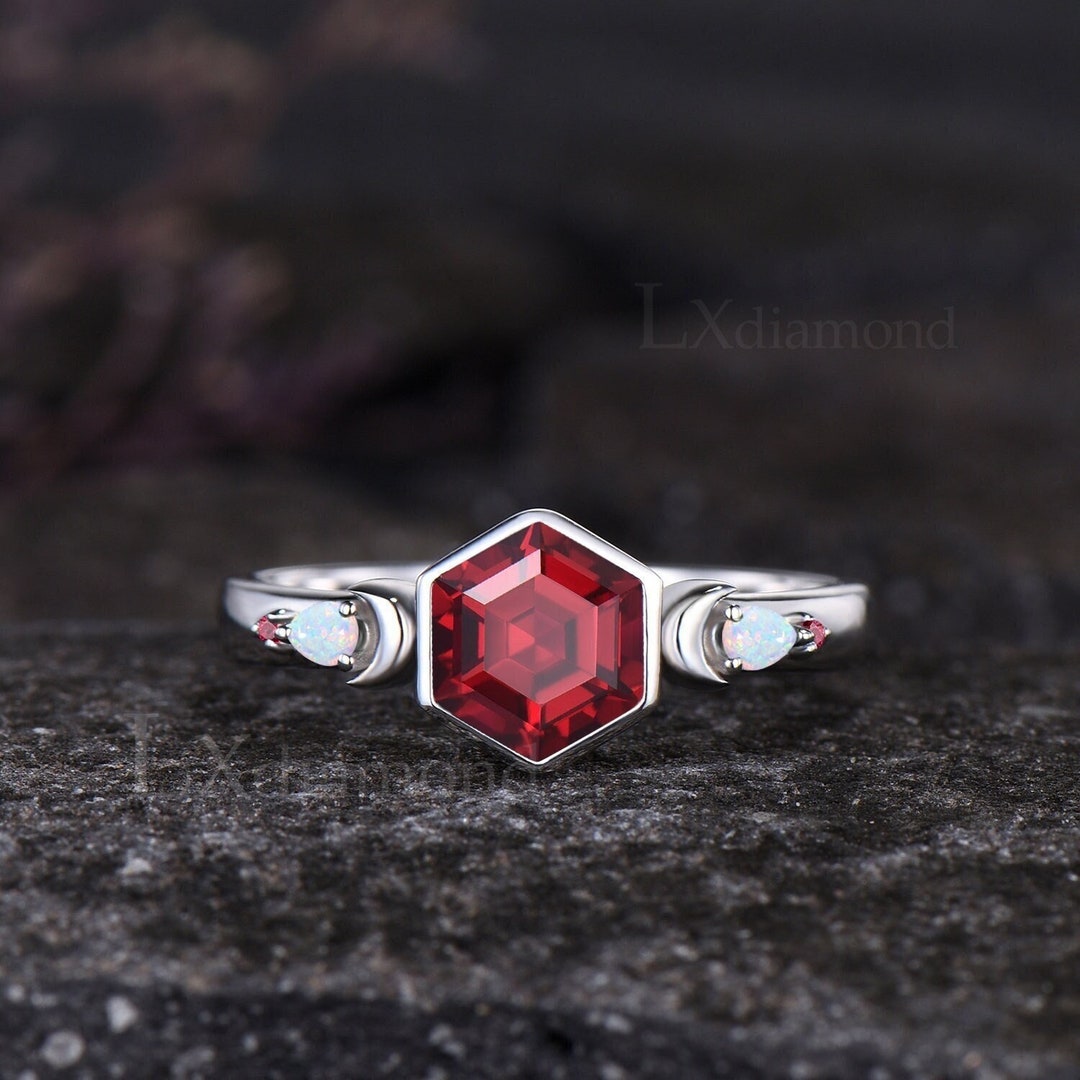 Vintage Hexagon Cut Ruby Engagement Ring Antique July Birthstone Red ...