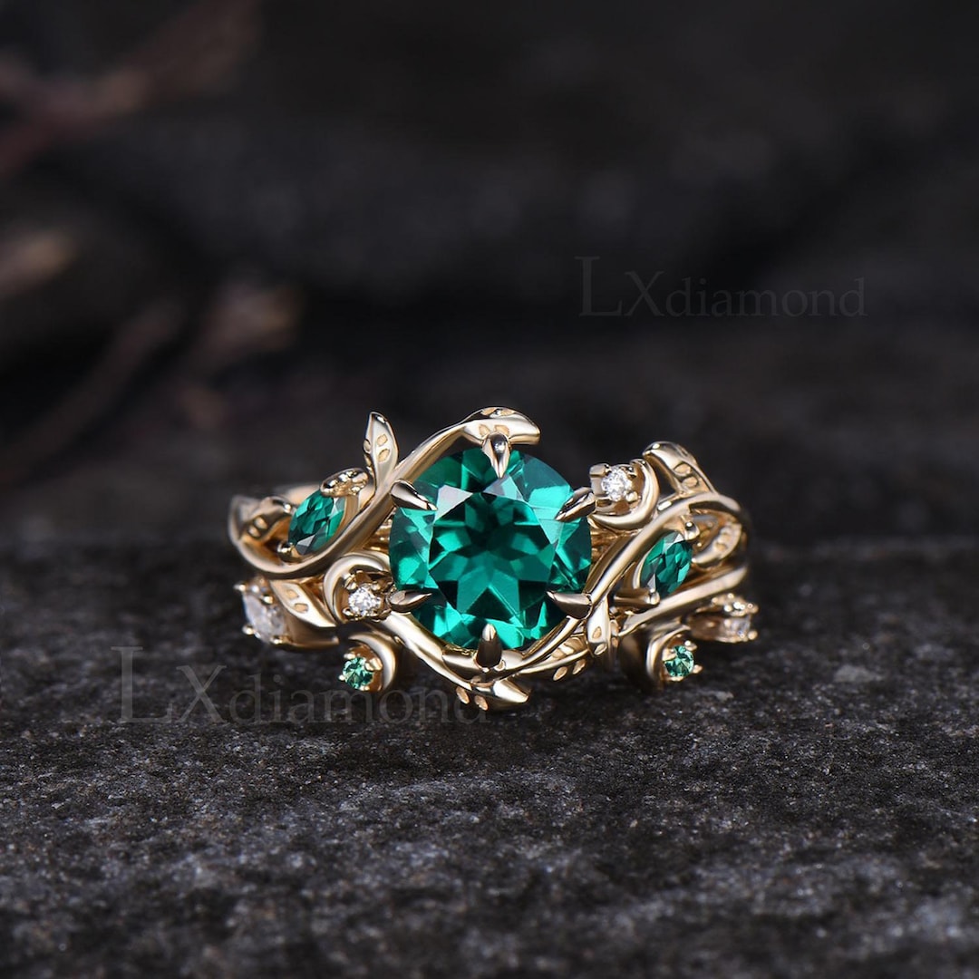 Unique Moon Ring Leaf Nature Inspired Ring Dainty Round Cut Emerald ...