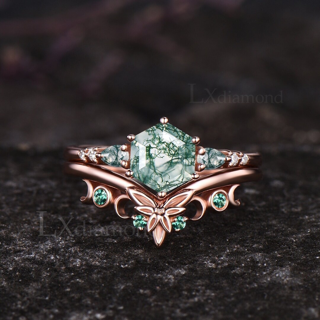 Art Deco Hexagon Cut Natural Green Moss Agate Engagement Ring Set Green ...