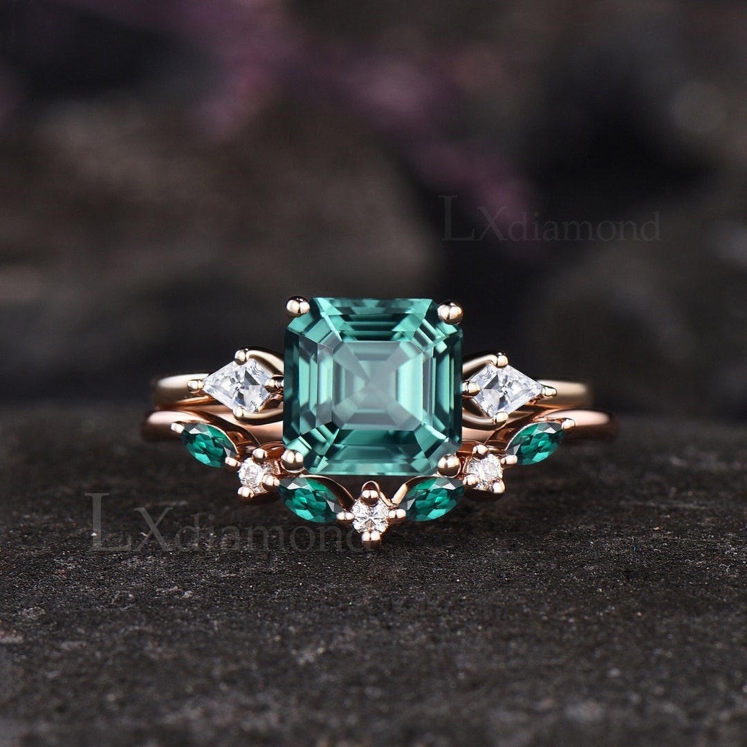 Vintage Green Sapphire Ring Unique Asscher Cut Green Gemstone ...