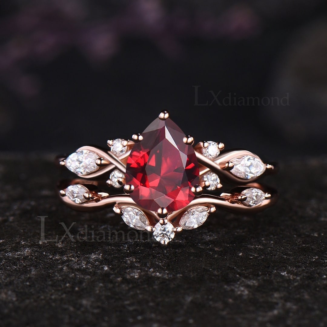 Vintage Pear Cut Ruby Engagement Ring Set Antique July Birthstone Ruby ...