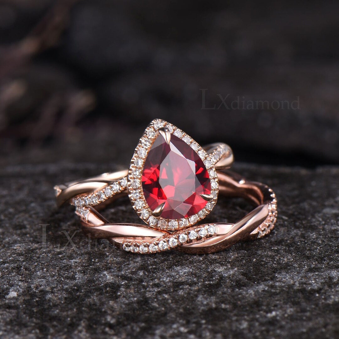Vintage Pear Cut Ruby Engagement Ring Set Unique 14k Rose Gold ...