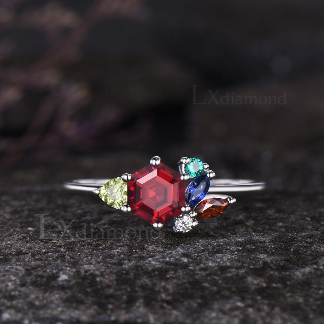 Vintage Hexagon Cut Ruby Engagement Ring Antique Moissanite Peridot ...