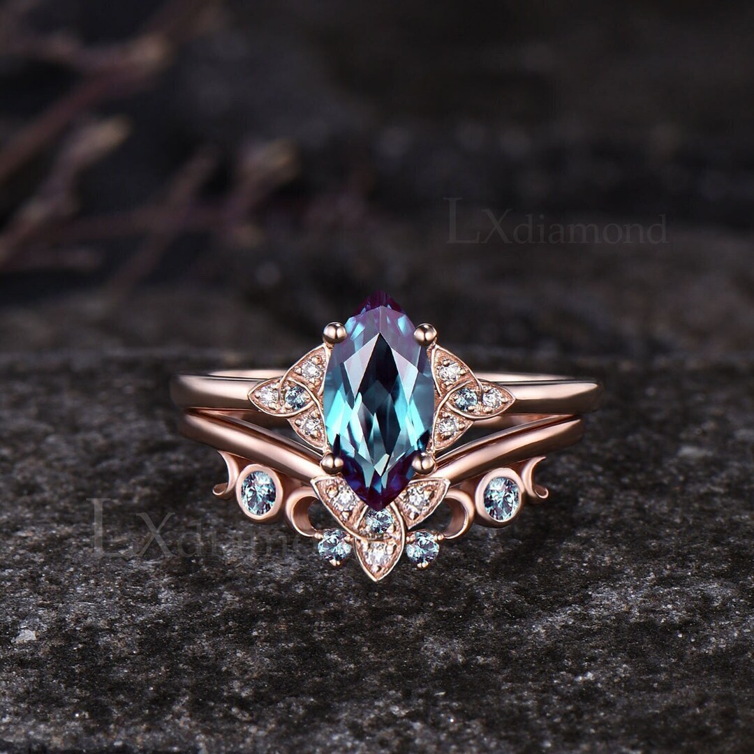 Marquise Cut Alexandrite Engagement Ring Set Unique 14k Rose Gold Moon ...