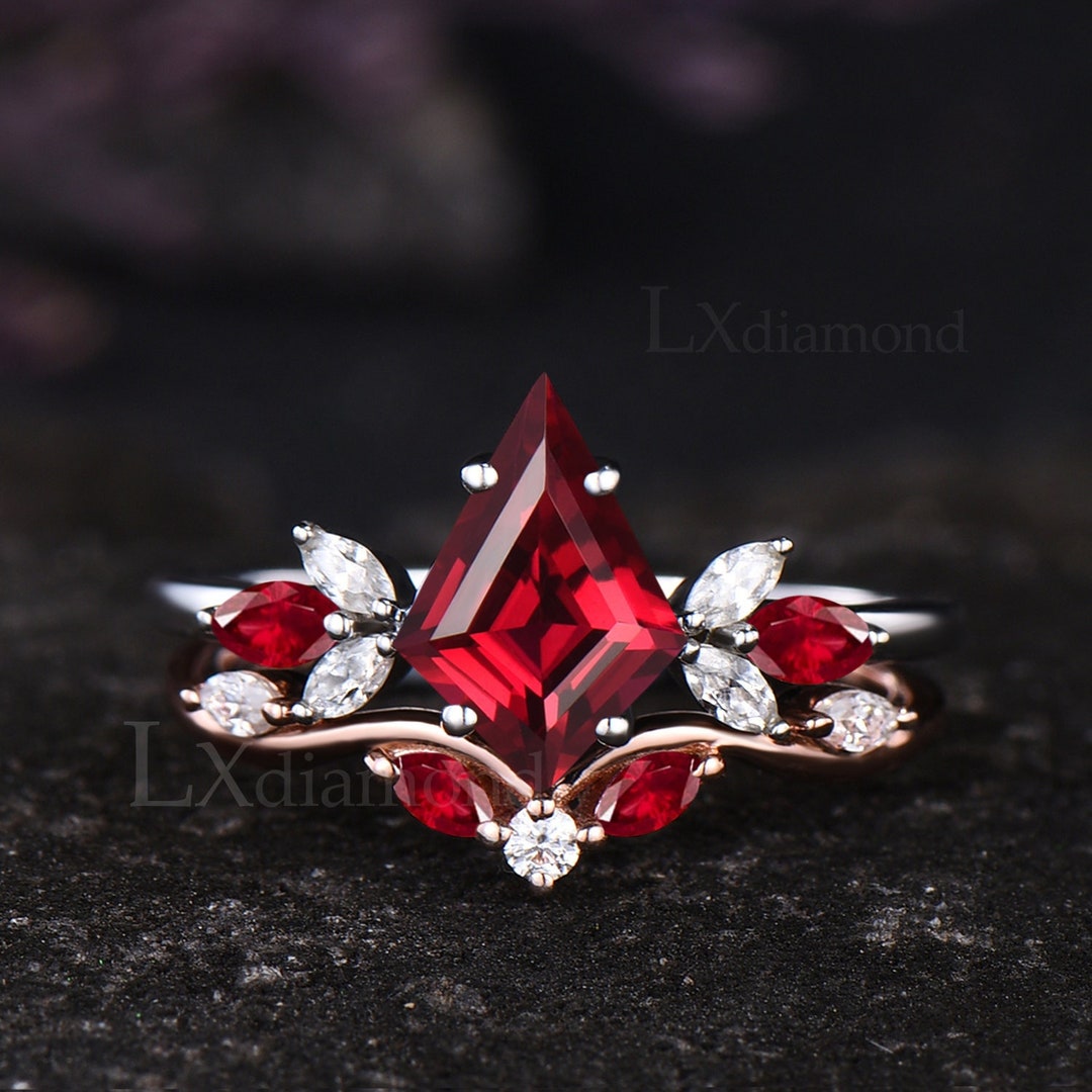 Kite Cut Ruby Engagement Ring Set Vintage Red Gemstone July Birthstone ...