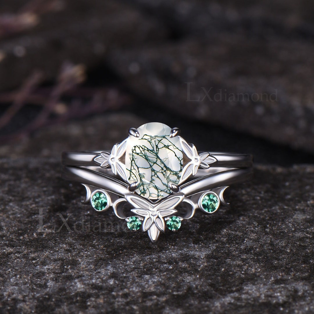Unique Leaf Nature Inspired Engagement Ring Set 14k White Gold Oval ...