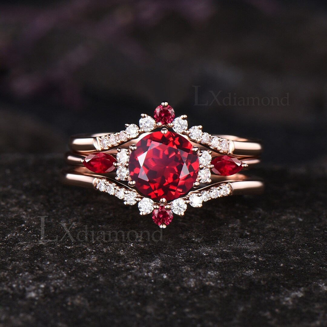 Vintage Round Cut Ruby Engagement Ring Set Antique July Birthstone ...