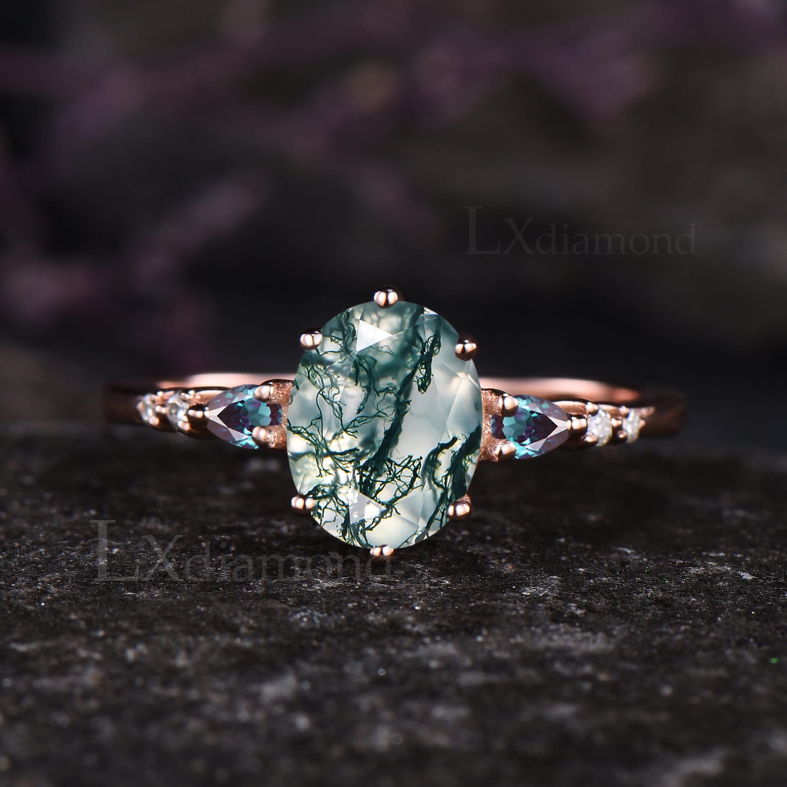 Vintage Oval Cut Natural Moss Agate Engagement Ring Set Milgrain June ...