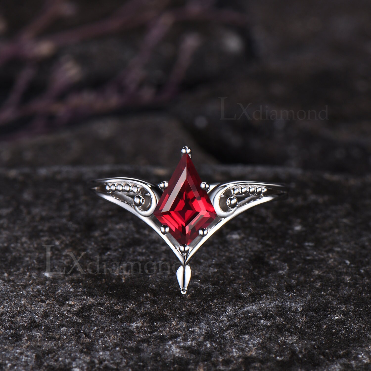 Unique Kite Cut Ruby Engagement Ring Milgrain Vintage July Birthstone ...