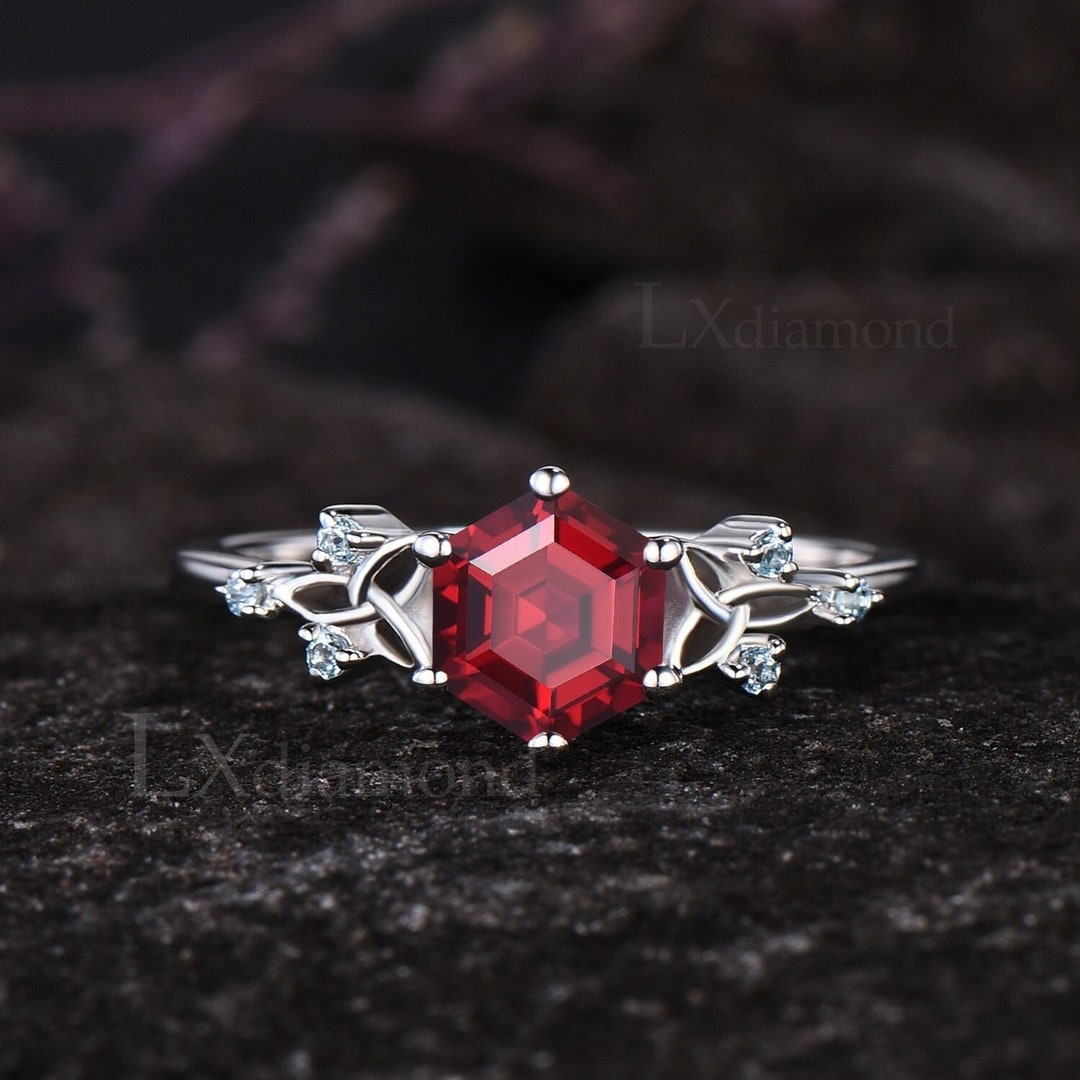Vintage Hexagon Cut Ruby Engagement Ring Unique Natural Swiss Blue ...