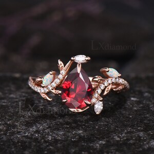 July Birthstone Teardrop Ruby Engagement Ring Set 14k Rose Gold Opal ...