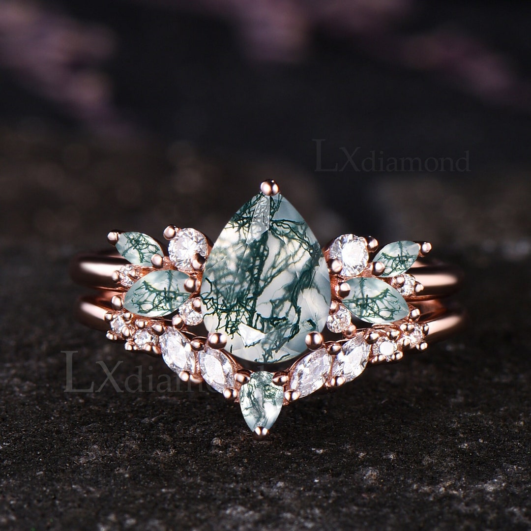 Unique Teardrop Moss Agate Engagement Ring Set Vintage Moissanite ...