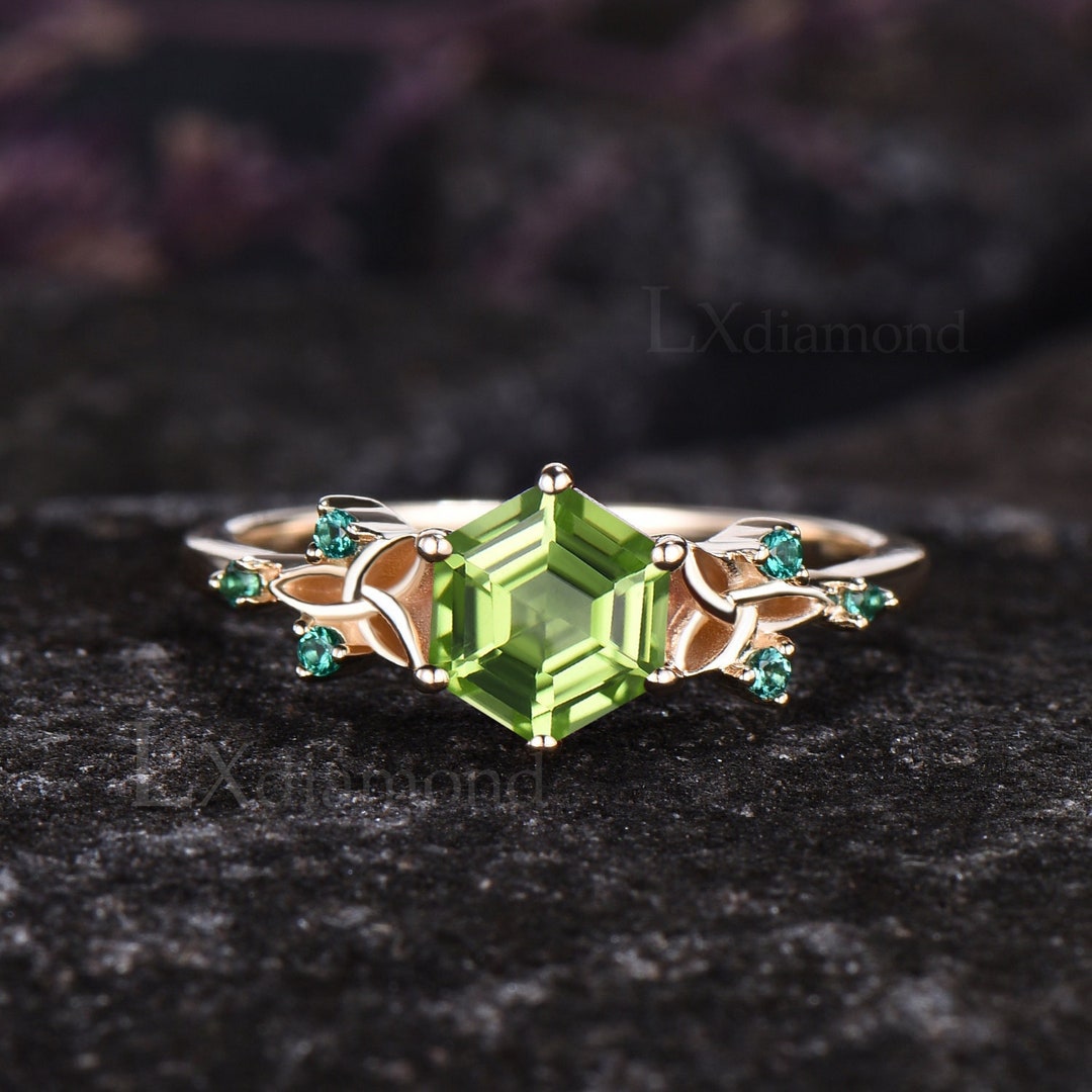 Unique Hexagon Cut Natural Peridot Engagement Ring Celtic Knot Emerald ...