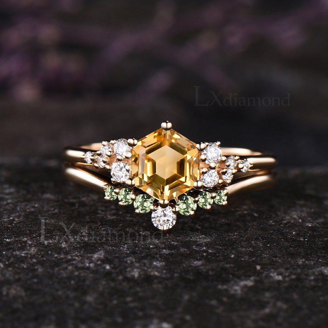 Vintage Hexagon Cut Natural Citrine Engagement Ring Set Unique ...