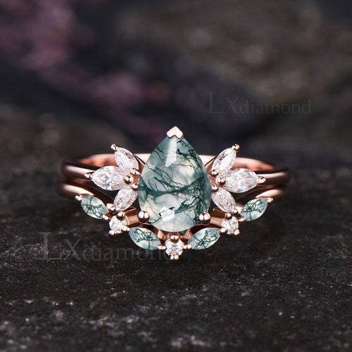 Pear Shaped Moss Agate Engagement Ring Set Vintage Rose Gold - Etsy