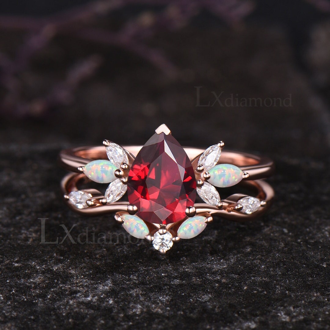 Vintage Pear Cut Ruby Engagement Ring Set Unique July - Etsy