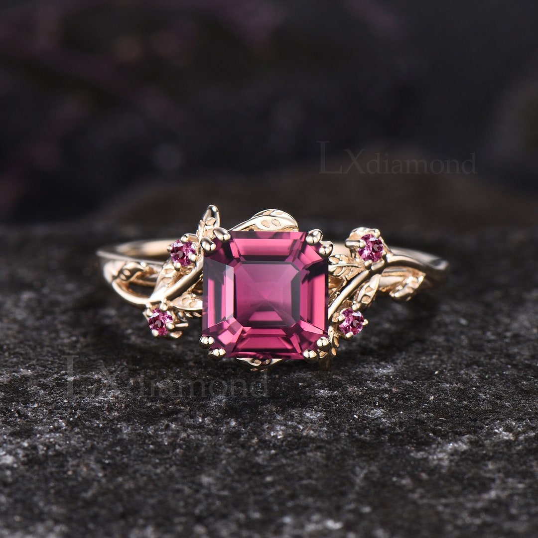 Unique Asscher Cut Natural Pink Tourmaline Engagement Ring Floral Leaf ...