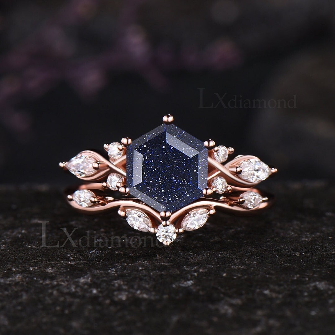 Hexagon Cut Blue Sandstone Engagement Ring Set Unique Galaxy Healing ...