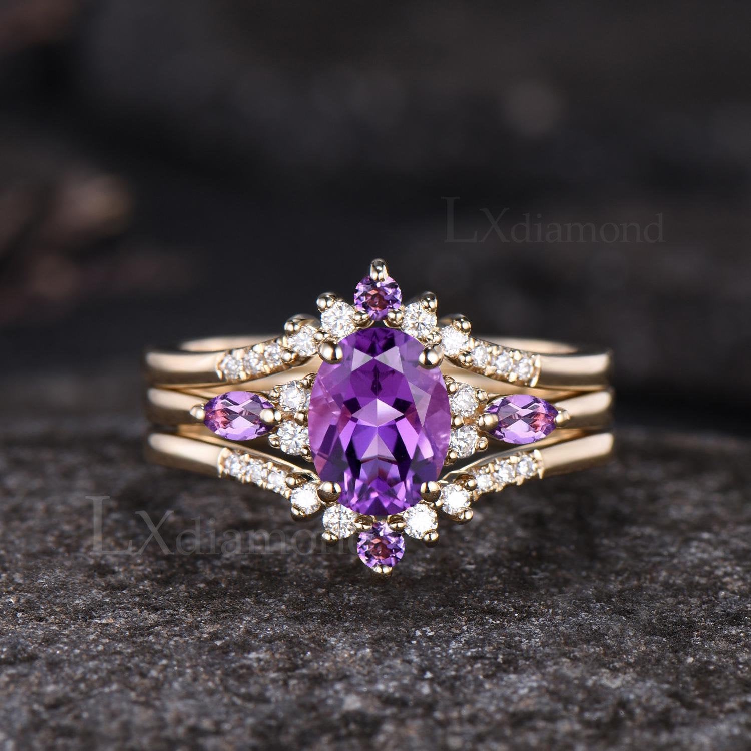 Unique Oval Cut Natural Amethyst Engagement Ring Set Delicate ...