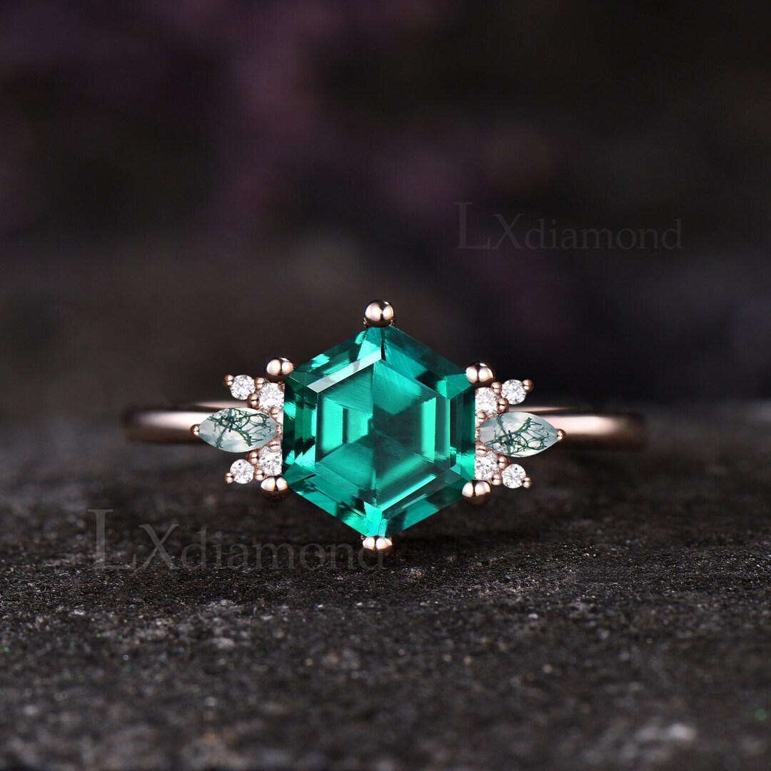 Hexagon Cut Emerald Engagement Ring Unique Green Moss Agate - Etsy