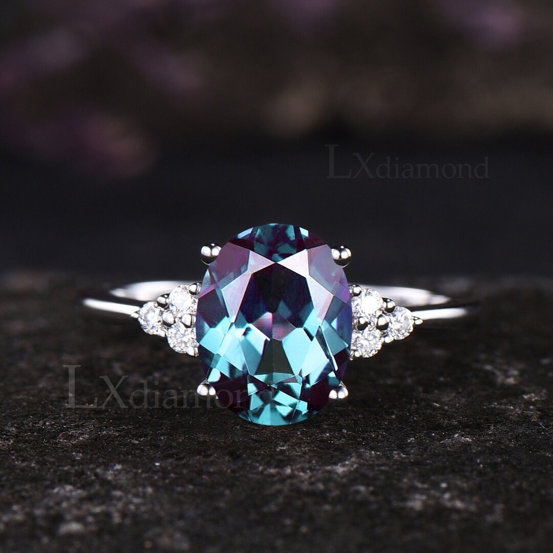 2ct 7x9mm Oval Cut Alexandrite Engagement Ring Unique Seven Stone ...