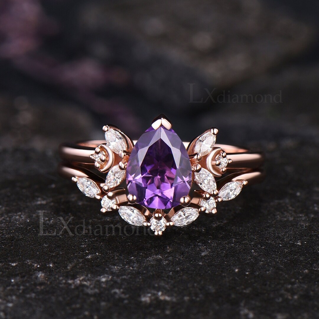 Teardrop Amethyst Engagement Ring Set Unique Moon Moissanite Seven ...