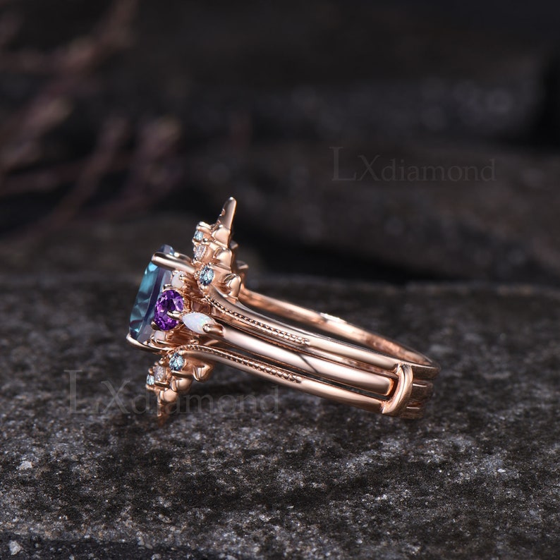 Vintage Oval Cut Alexandrite Engagement Ring Set Milgrain 14k Rose Gold ...
