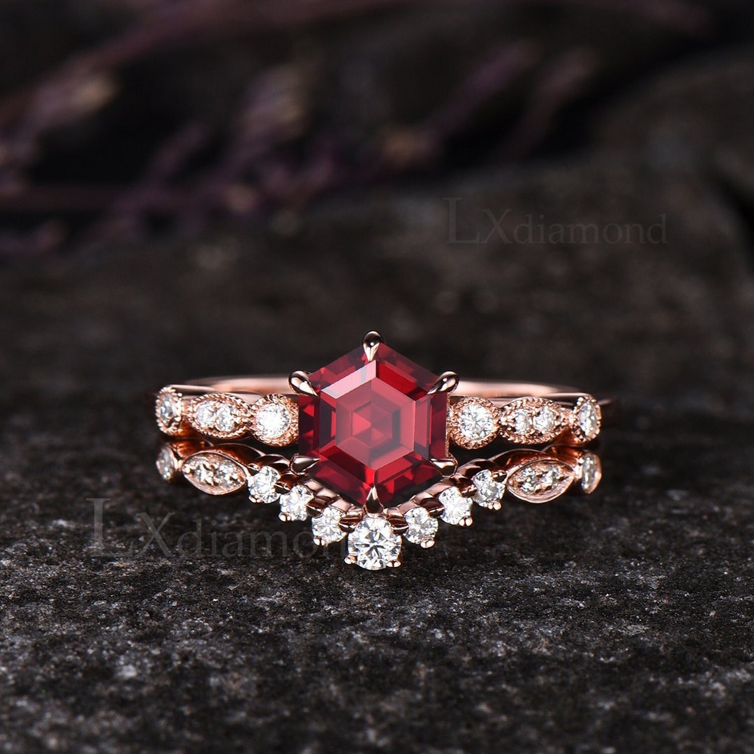 Vintage Hexagon Cut Ruby Engagement Ring Set Milgrain July Birthstone ...