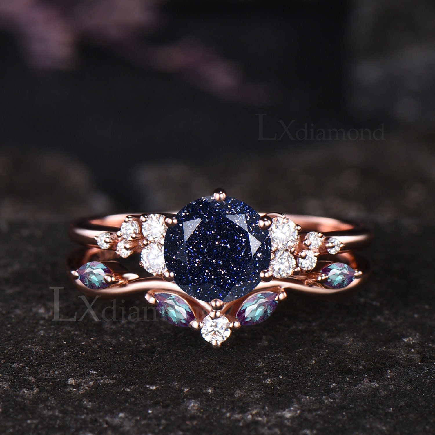Galaxy Blue Sandstone Engagement Ring Set Unique Moissanite Snowdrift ...
