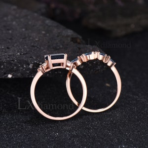 Galaxy Emerald Cut Blue Sandstone Engagement Ring Set Art Deco Marquise ...