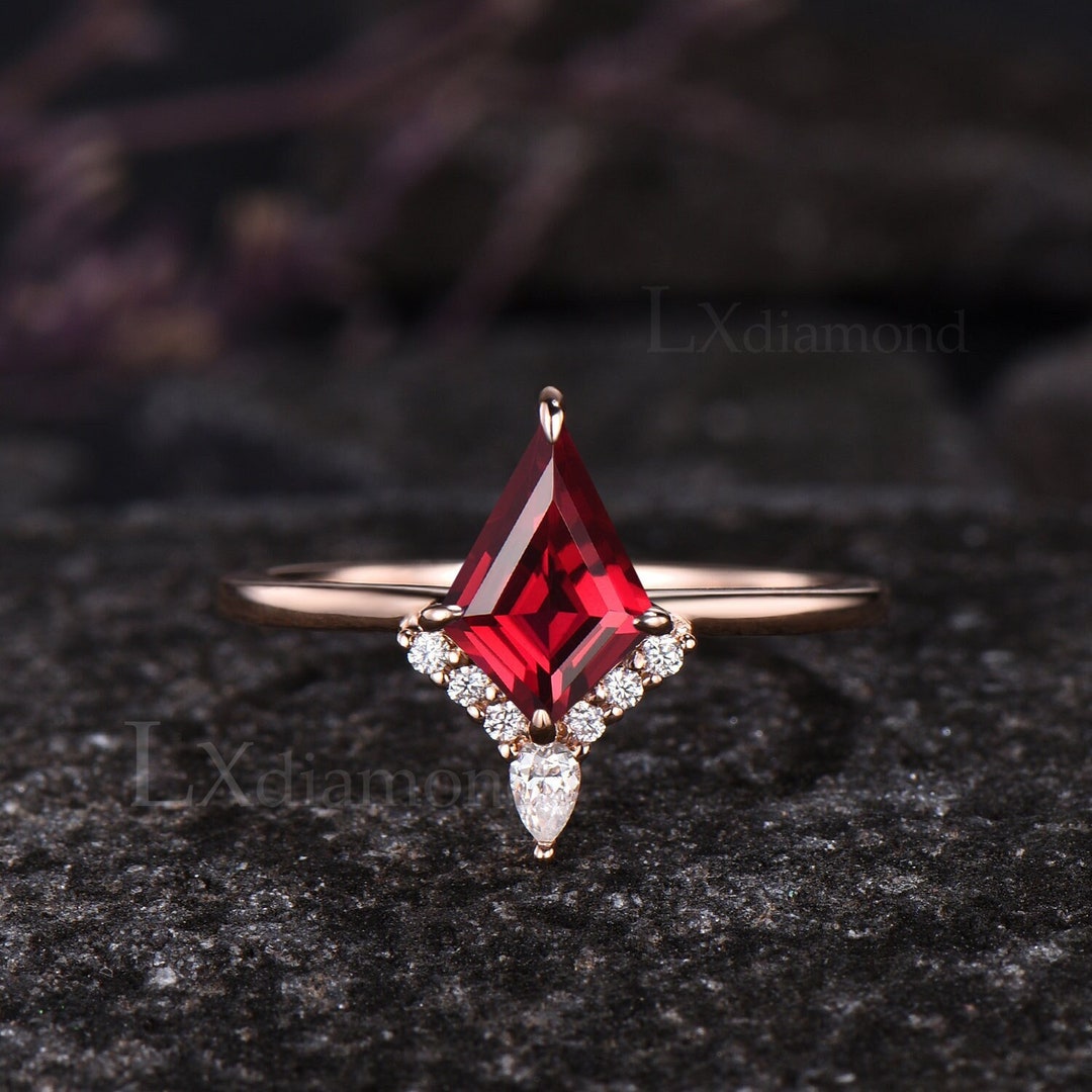 Vintage July Birthstone Kite Cut Ruby Engagement Ring Unique Moissanite ...