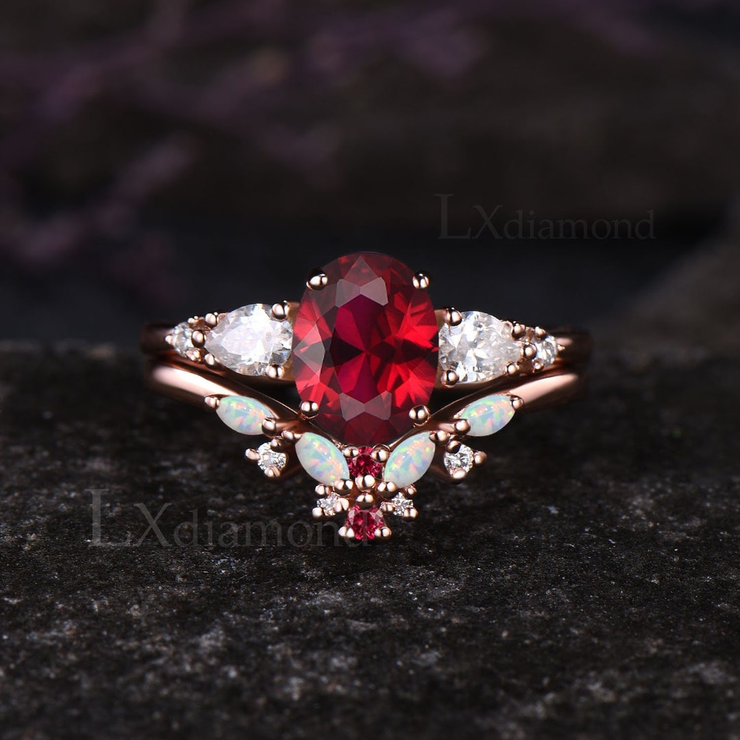 Vintage Oval Cut Ruby Engagement Ring Set Unique July Birthstone Red ...