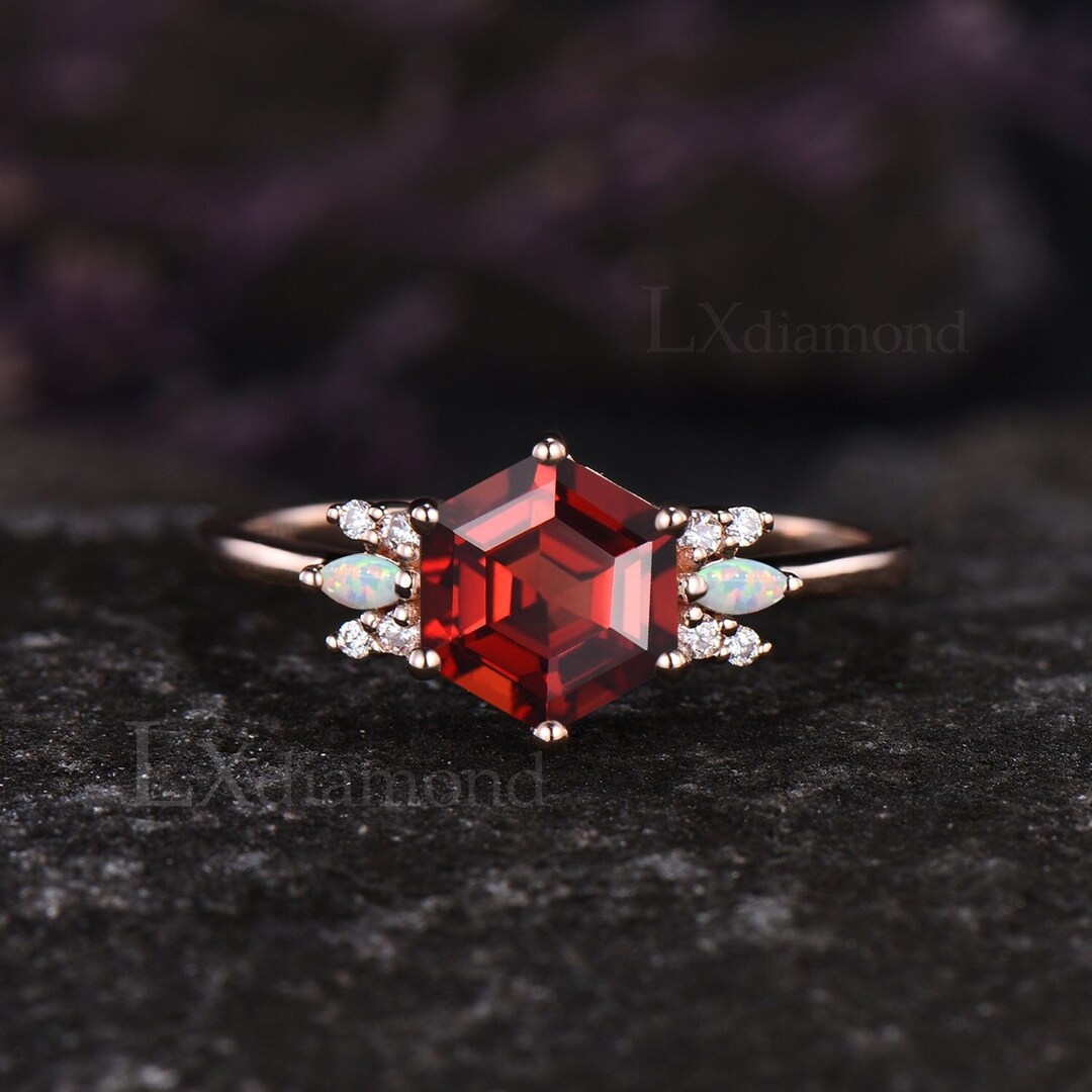 Vintage Hexagon Cut Natural Garnet Engagement Wedding Ring Moissanite ...