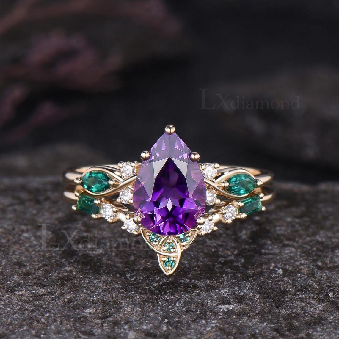 2ct Pear Purple Amethyst Engagement Ring Set Infinity Baguette Cut ...