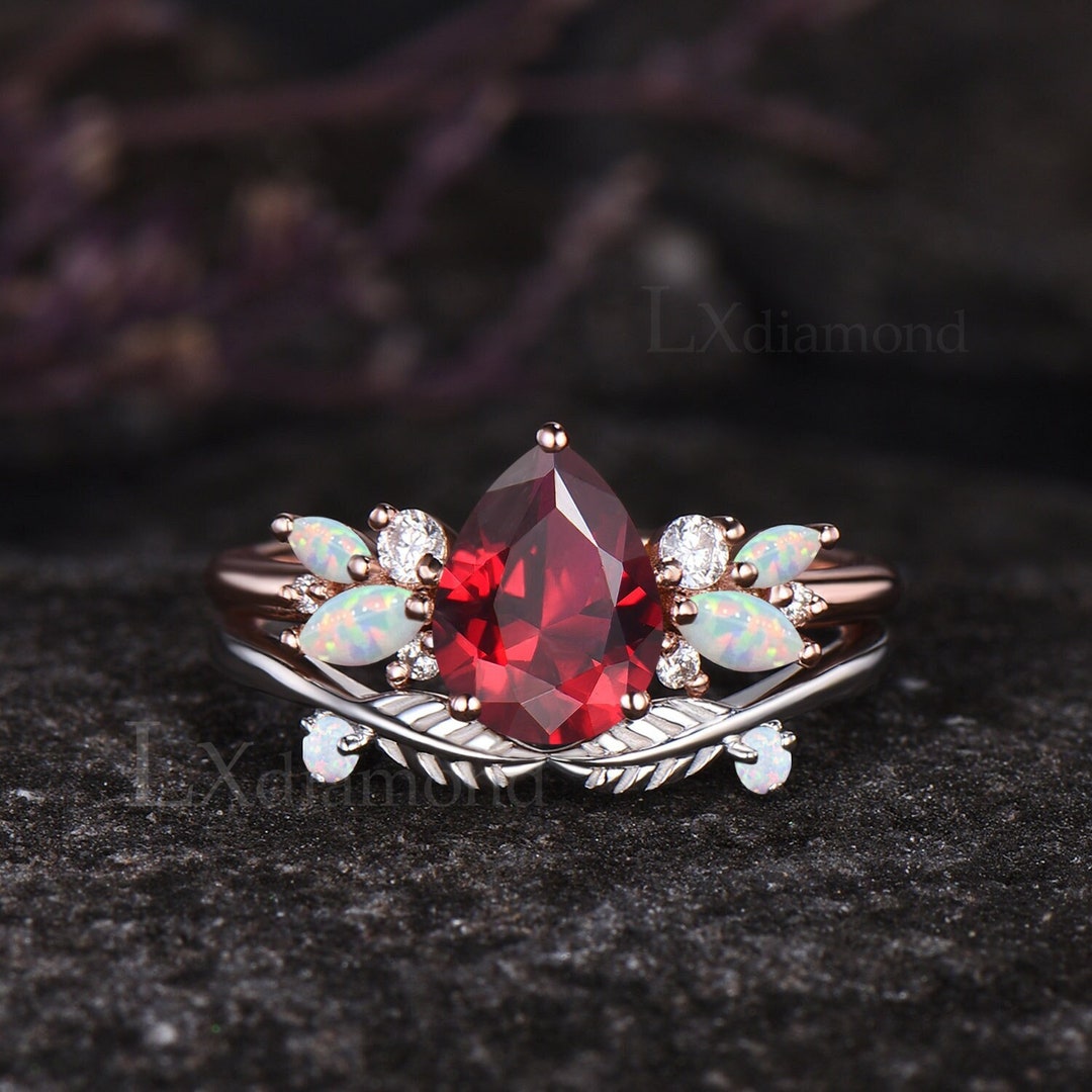 Unique July Birthstone Teardrop Ruby Engagement Ring Set Opal Leaf ...